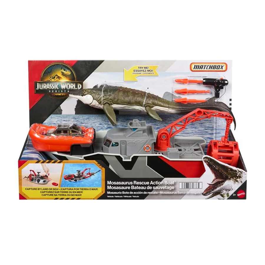 Matchbox Jurassic World Mosasaurus Rescue Action Boat Vehicle ...